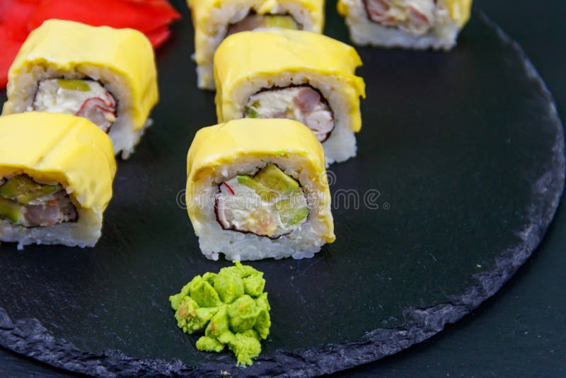 Sushi Cheese Rolls on Black Slate Stock Photo - Image of gourmet ...