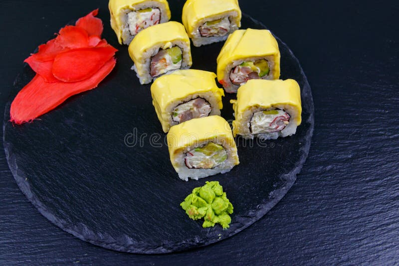 Sushi Cheese Rolls on Black Slate Stock Photo - Image of portion, fresh ...