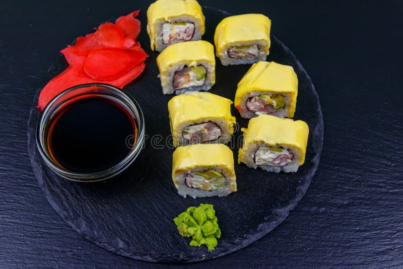 Sushi Cheese Rolls on Black Slate Stock Photo - Image of restaurant ...
