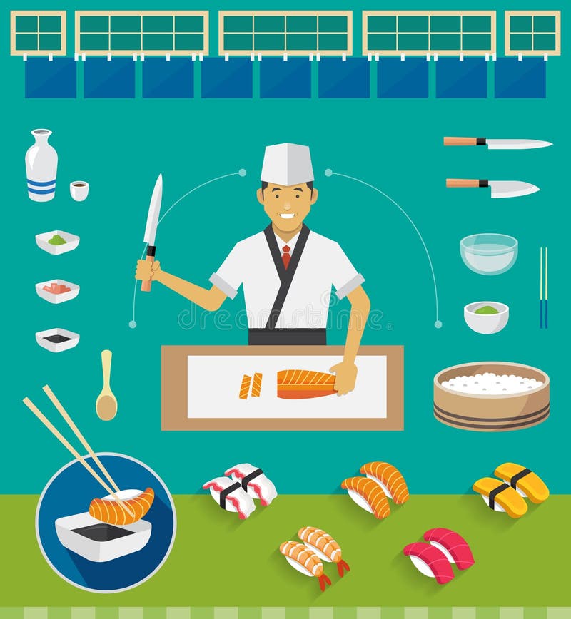 Sushi Chef at the Restaurant Stock Vector - Illustration of design ...