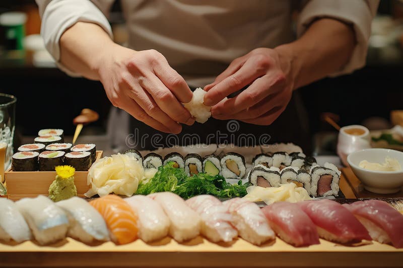 Sushi Chef Making Sushi in the Restaurant Kitchen Stock Illustration ...