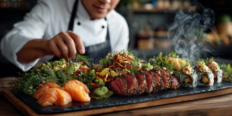 Sushi Chef Preparing Gourmet Sushi Rolls by Hand, and Presents in a ...