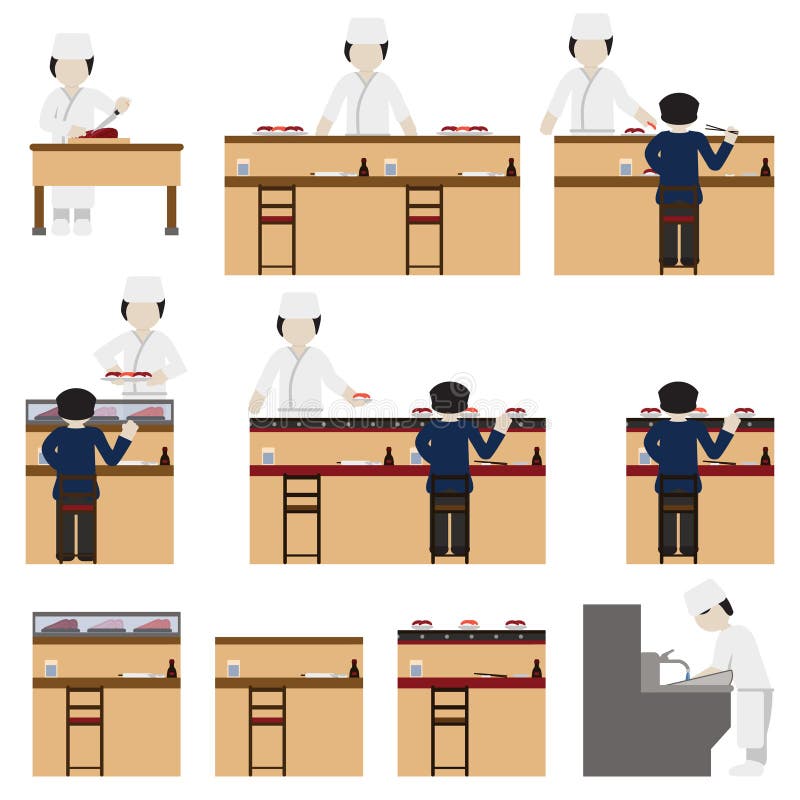 Sushi Chef and Restaurant Set. Vector Stock Vector - Illustration of ...