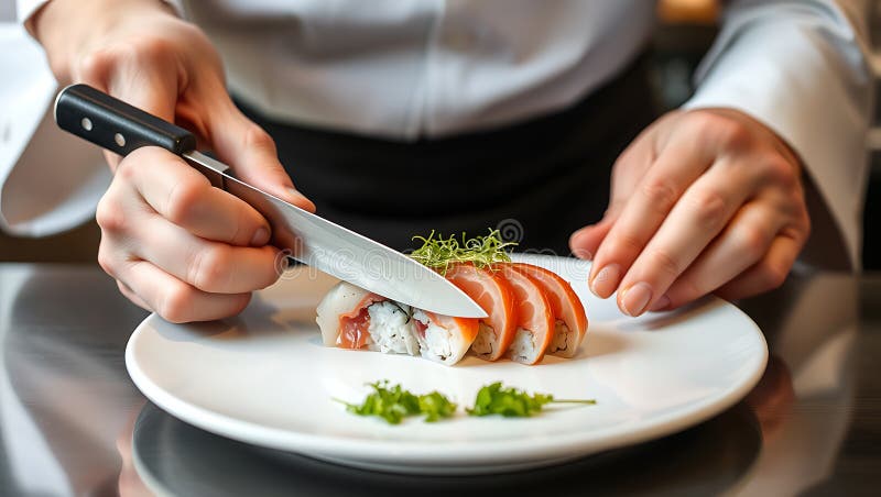 A Sushi Chef Using a Sharp Knife To Slice Fresh Fish into Sashimi ...