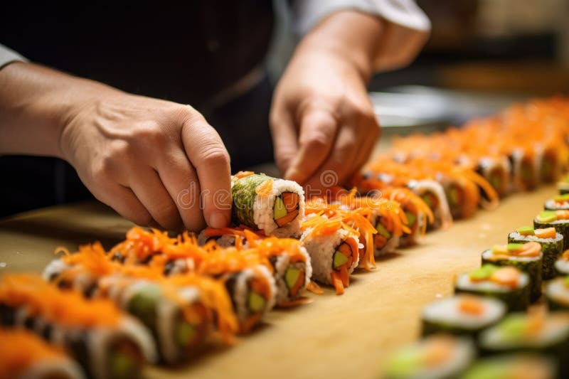 Sushi Chefs Hands Skillfully Preparing Maki Rolls Stock Image - Image ...