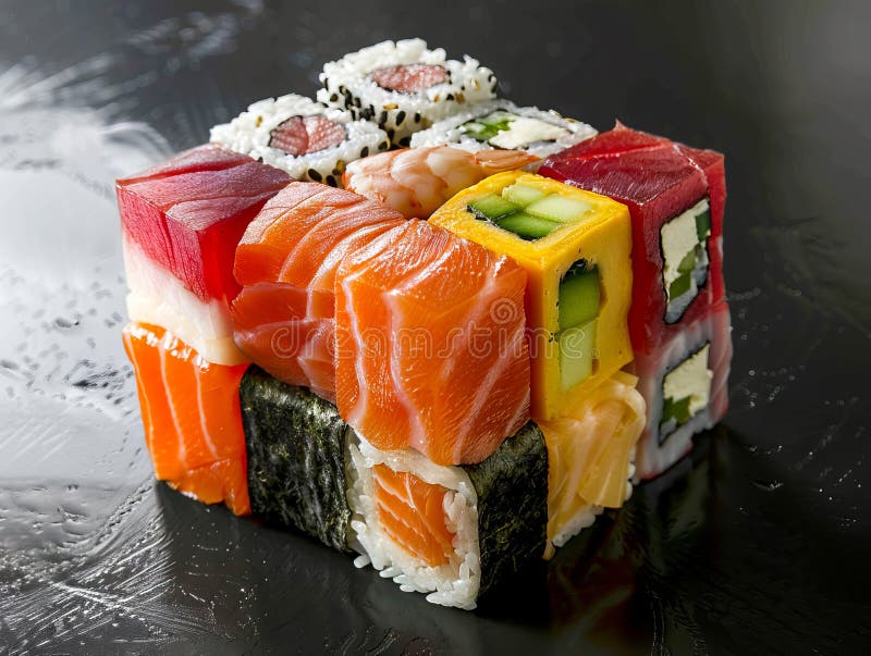 A Sushi Cube with Different Types of Fish Stock Photo - Image of fish ...