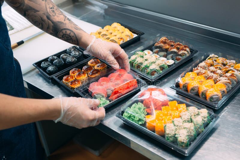 Sushi Delivery. Many Varieties of Sushi in a Plastic Box are Prepared ...