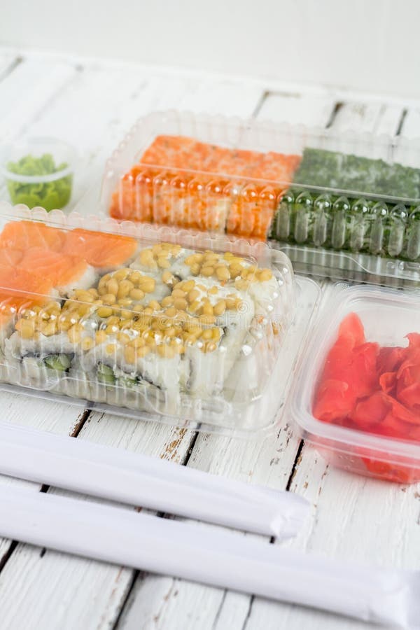 Sushi Delivery Set Packaging with Wasabi and Ginger Stock Photo - Image ...