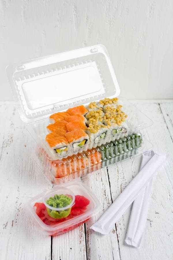 Sushi Delivery Set Packaging with Wasabi and Ginger Stock Image - Image ...