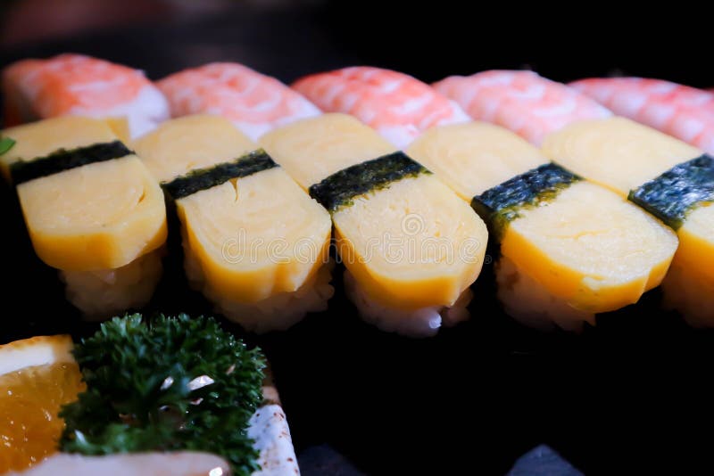 Sushi or Egg Sushi and Shrimp Sushi or Egg Rolls and Shrimp Rolls, Rice ...