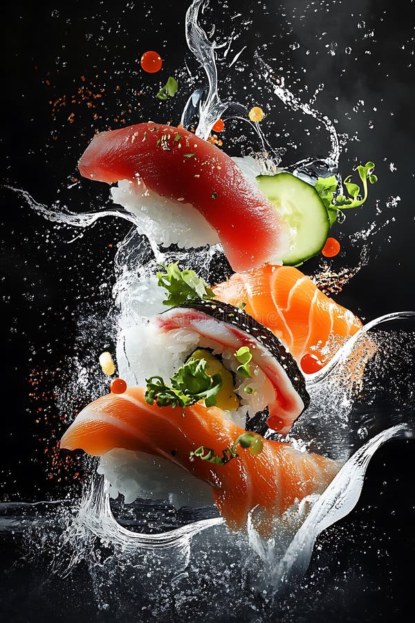 Sushi Explosion with Water Splash Stock Illustration - Illustration of ...