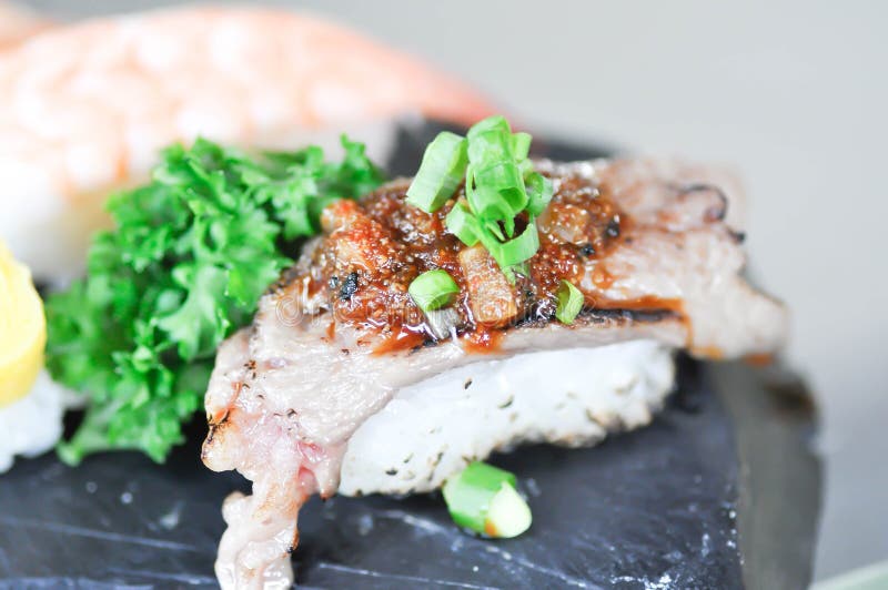 Sushi or Gyuuniku Sushi , Rice Topped with Raw Beef or Beef Sushi Stock ...