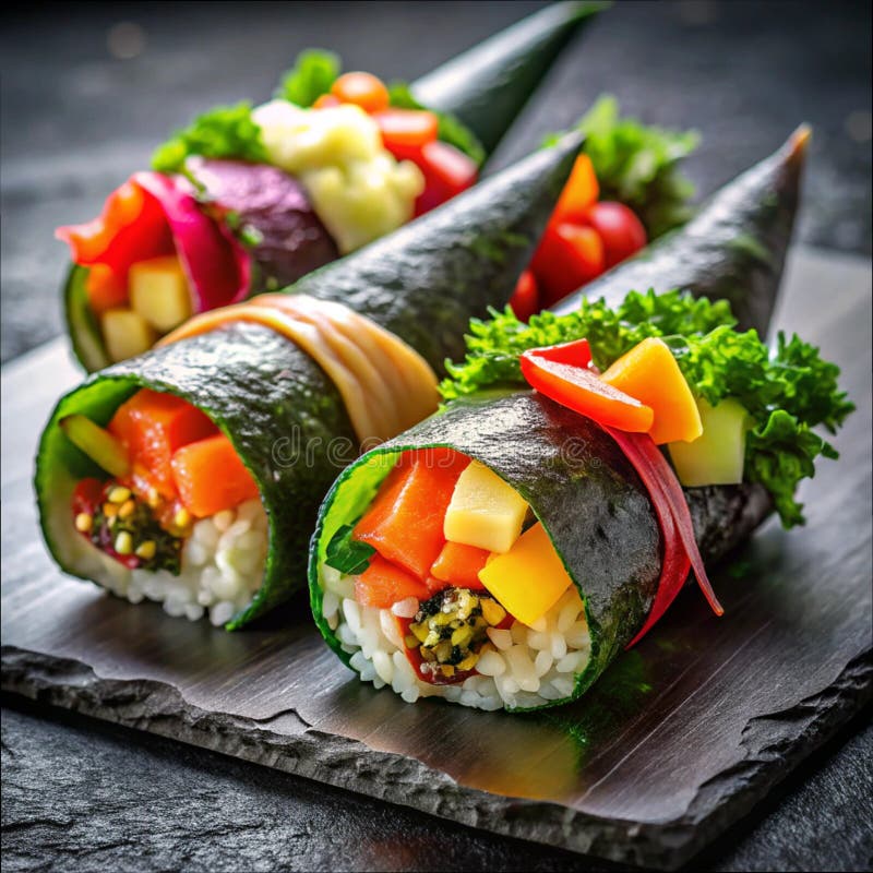 Sushi Hand Rolls with Colorful Fish and Vegetables on a Black Slate ...