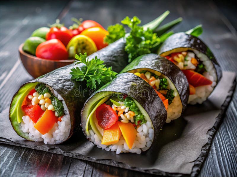 Sushi Hand Rolls with Colorful Fish and Vegetables on a Black Slate ...