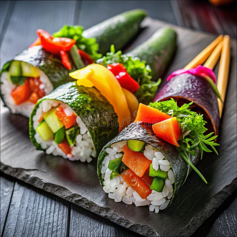 Sushi Hand Rolls with Colorful Fish and Vegetables on a Black Slate ...