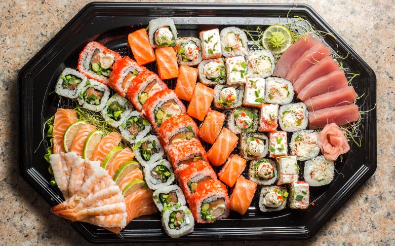 Sushi Maki Roll Set with Many Roll Types on Plate Stock Image - Image ...