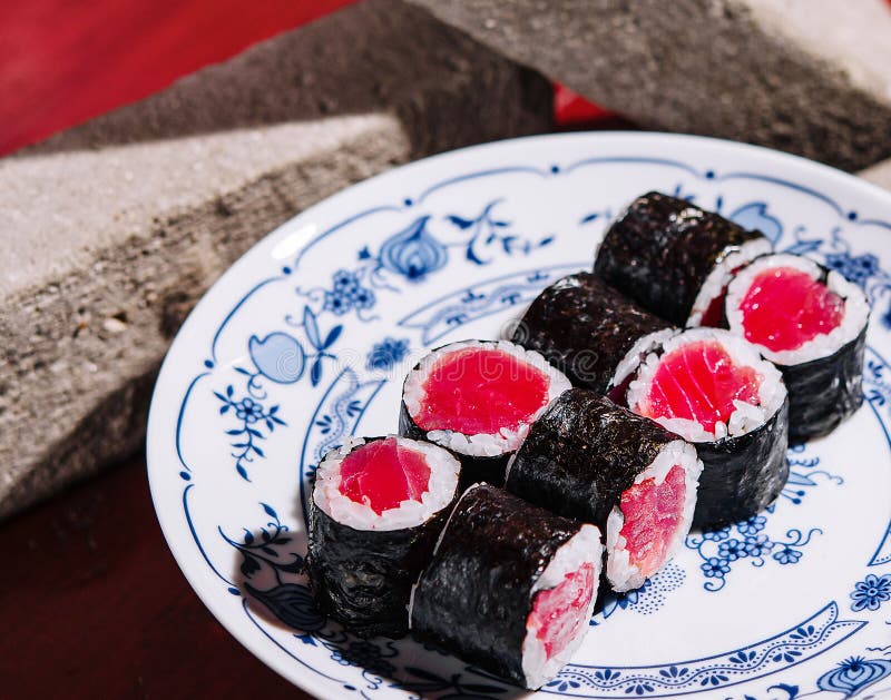 Sushi Maki Rolls with Tuna Inside on Stone Brick Stock Image - Image of ...
