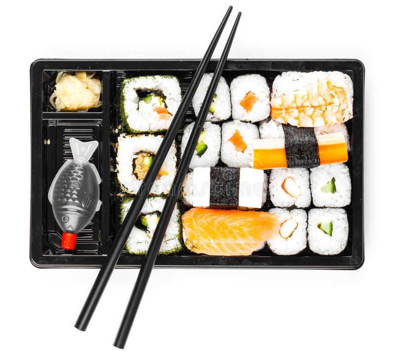 Sushi Menu with Rolls and Nigiri in Plastic Transport Box with ...