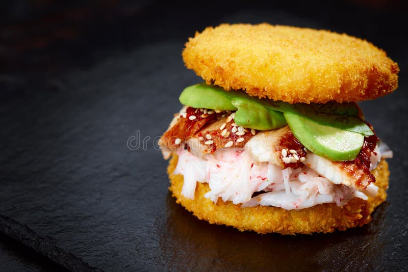 Sushi Menu with Burger Made from Rice and Smoked Eel, Avocado, Light ...