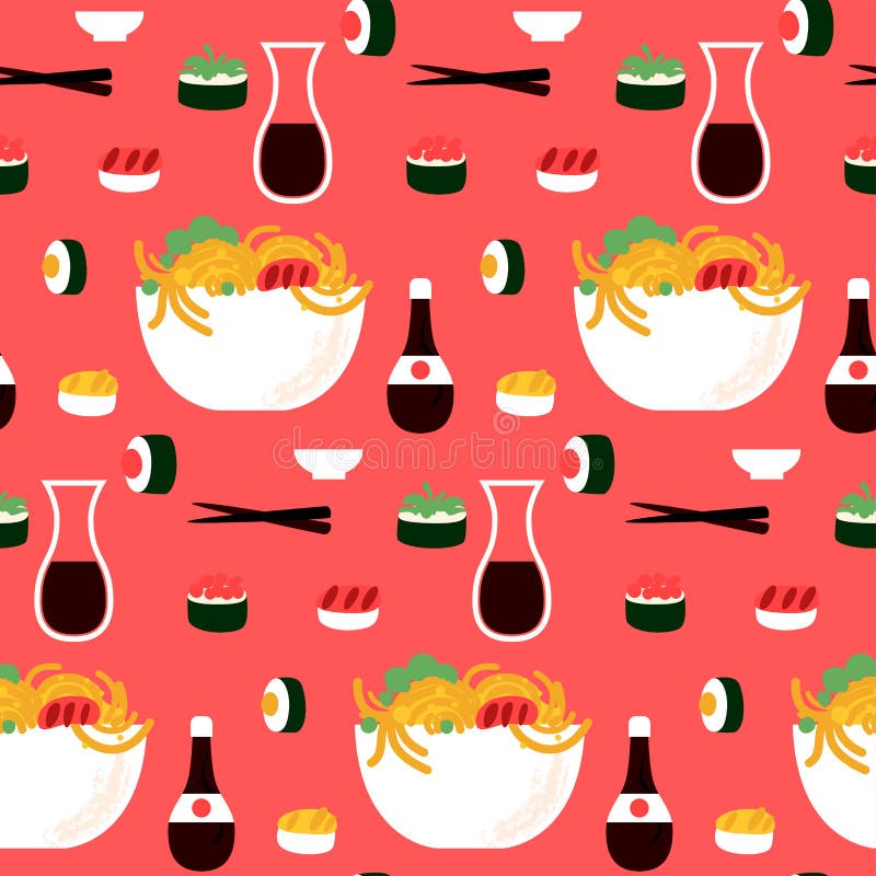 Sushi Menu Seamless Pattern Stock Vector - Illustration of noodle ...