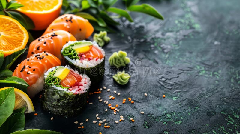 Sushi with Oranges and Vegetables on a Table Stock Image - Image of ...