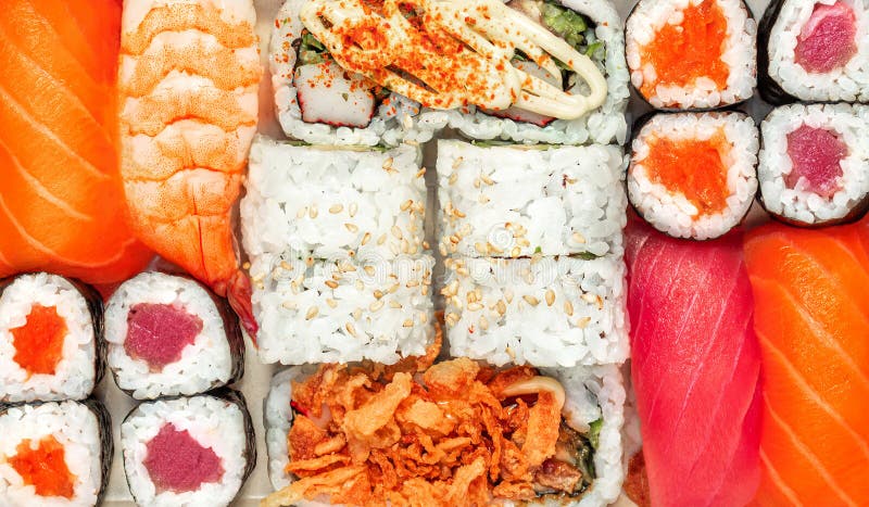Sushi Pattern. Sushi Set with Rice, Salmon and Shrimps Top View Stock ...