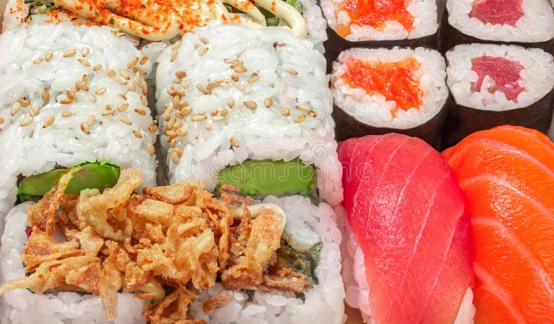 Sushi Pattern. Sushi Set with Rice, Salmon and Shrimps Top View Stock ...
