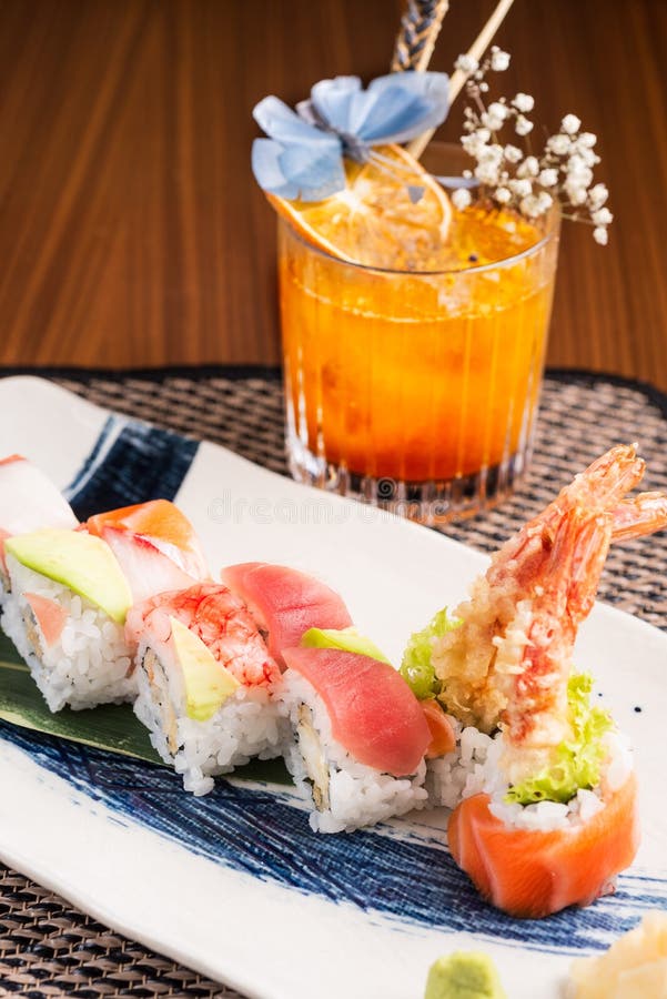 Sushi Plate and a Cocktail in a Japanese Restaurant Stock Image - Image ...