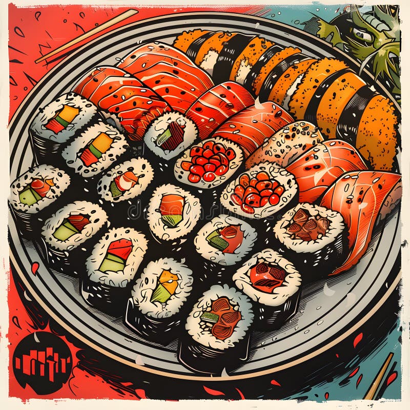 Sushi plate comic artstyle stock illustration. Illustration of japan ...