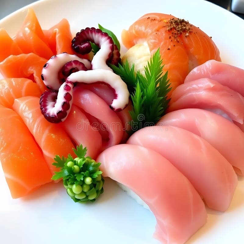 A Sushi Plate Featuring a Selection of Assorted Sashimi Cuts Including ...