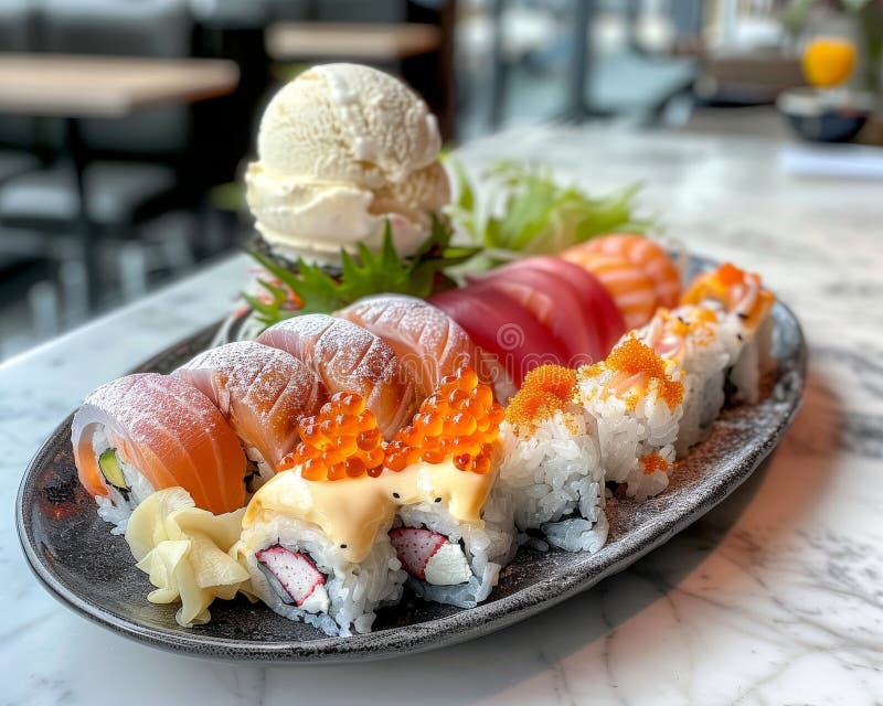 Sushi Platter Artistically Arranged with an Ice Cream Dessert in a Chic ...