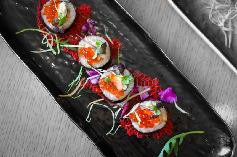 Sushi Platter Chopsticks Black White Background Coloured Stock Photos ...