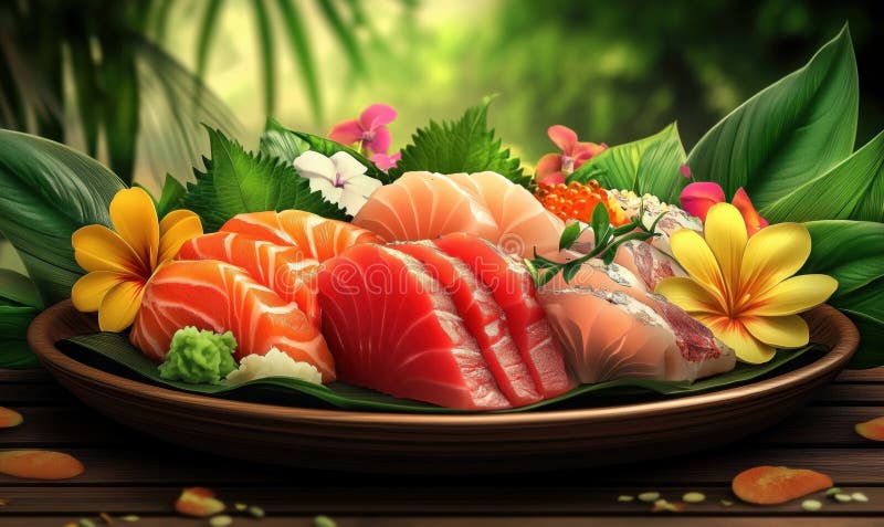 Sushi Platter Featuring Assorted Sashimi and Vibrant Garnishes in ...