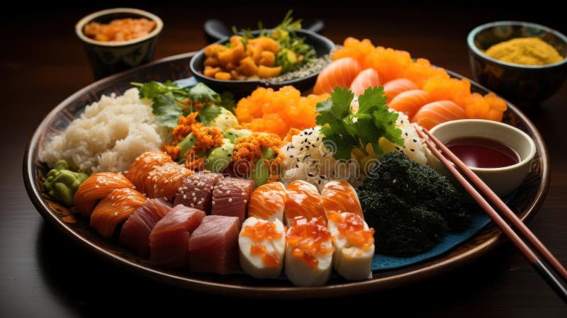 Sushi Platter with Rice, Fish, and Vegetables Stock Illustration ...
