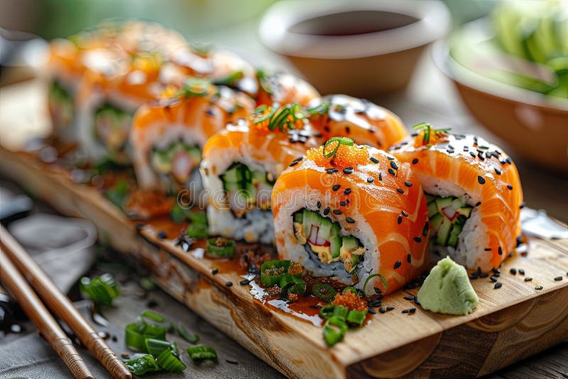Sushi Platter with Roll, Garnish Sauce, and Chopsticks, Handcrafted ...