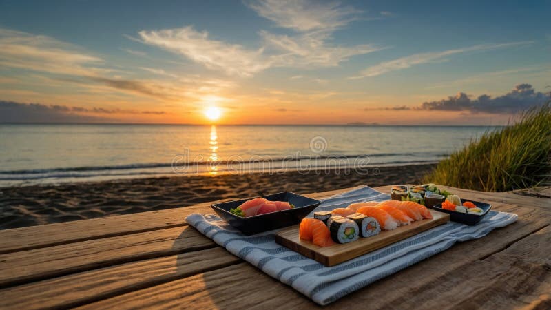 Delicious Sushi Dinner at Sunset Beach Stock Illustration ...
