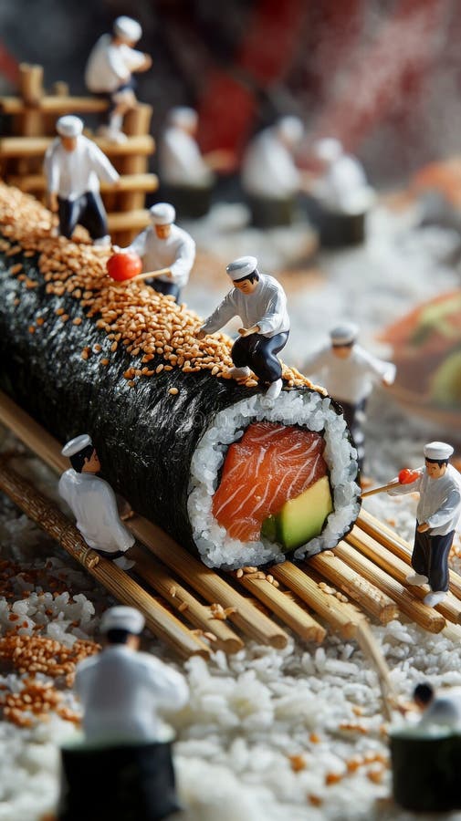 Sushi Preparation Scene with Miniature Chefs Crafting a Large Sushi ...