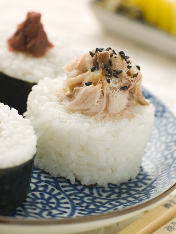 Sushi Rice Balls with Smoked Mackerel and Ameboshi Stock Image - Image ...
