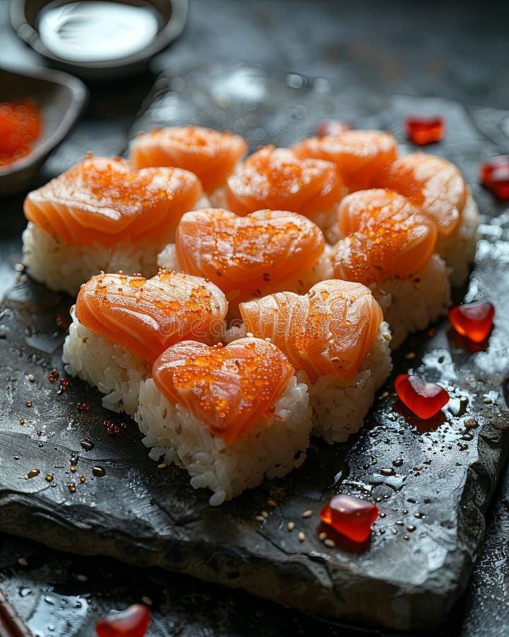 Sushi Rice Rolls in the Shape of Heart, in the Style of Dark White and ...