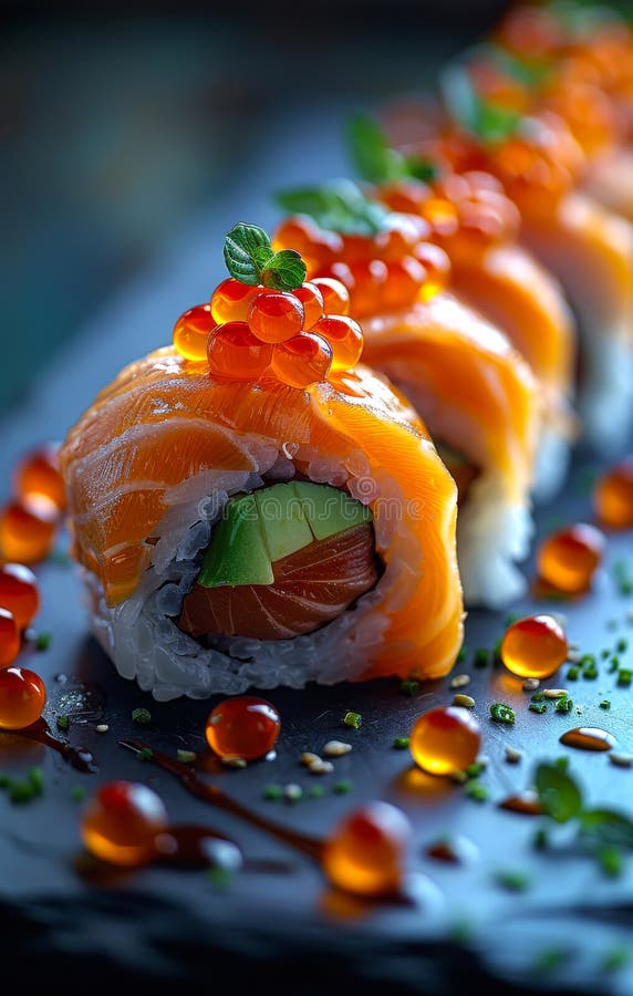 A Sushi Roll with Avocado and a Garnish of Red Berries Stock Image ...
