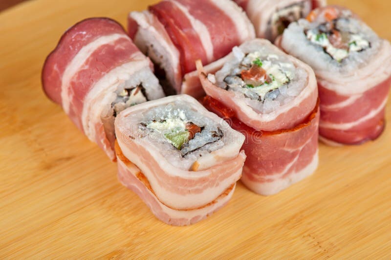 Sushi roll with bacon stock photo. Image of closeup, orient - 36693734