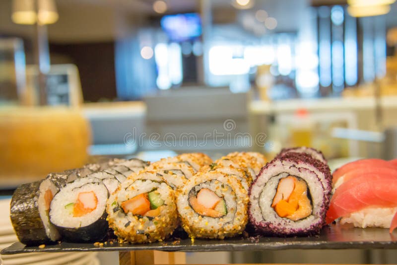 Sushi Roll on Buffet in Japanes Restaurant Stock Photo - Image of tuna ...
