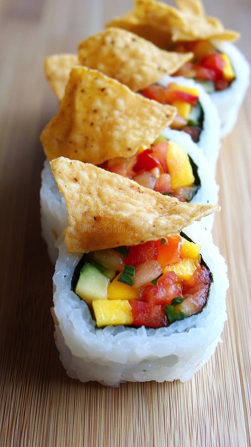 A Sushi Roll with Mango Salsa and Crispy Tortilla Chips. Stock ...