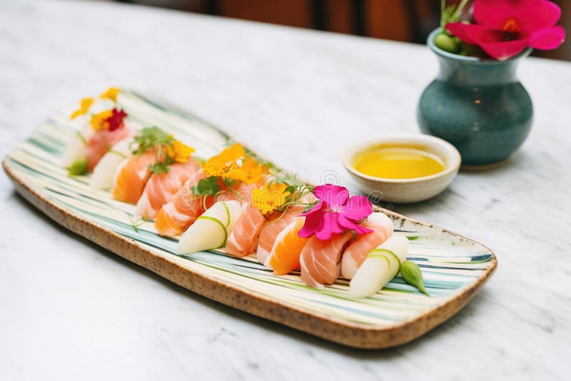 Sushi Roll Platter with Wasabi and Pickled Radish Side Dish Stock Image ...