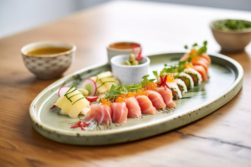 Sushi Roll Platter with Wasabi and Pickled Radish Side Dish Stock Image ...