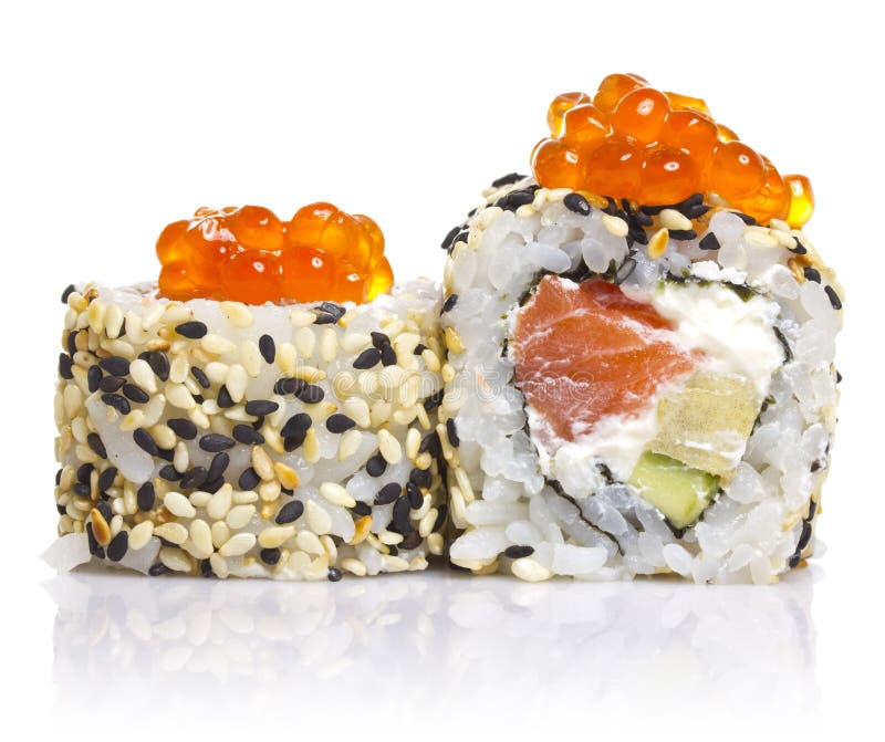 Sushi Roll with Sesame and Red Roe Stock Image - Image of prawn, rice ...