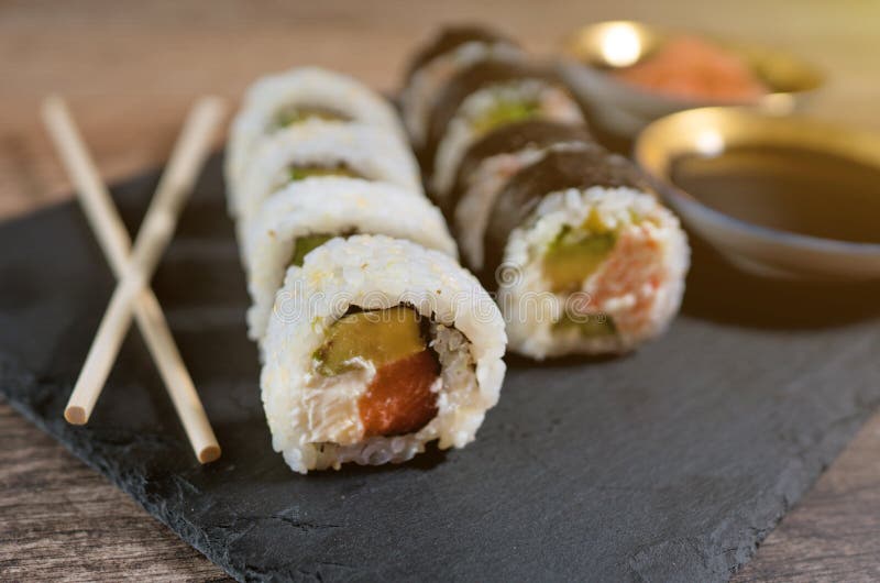 Sushi Roll Set on the Black Plate. Stock Image - Image of lunch ...