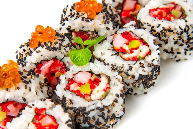 Sushi Roll with Shrimp, Flying Fish Roe, Salmon and Black Sesame Stock ...
