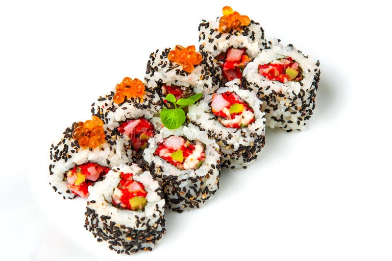 Sushi Roll with Shrimp, Flying Fish Roe, Salmon and Black Sesame Stock ...