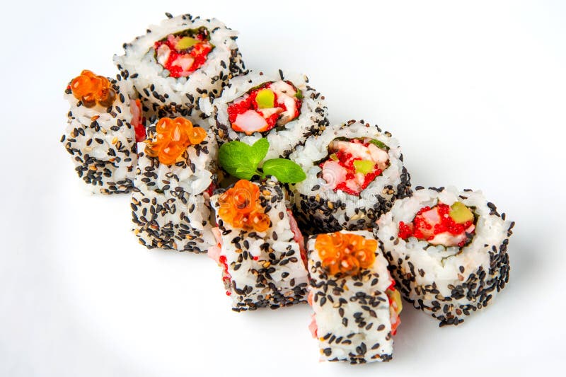 Sushi Roll with Shrimp, Flying Fish Roe, Salmon and Black Sesame Stock ...